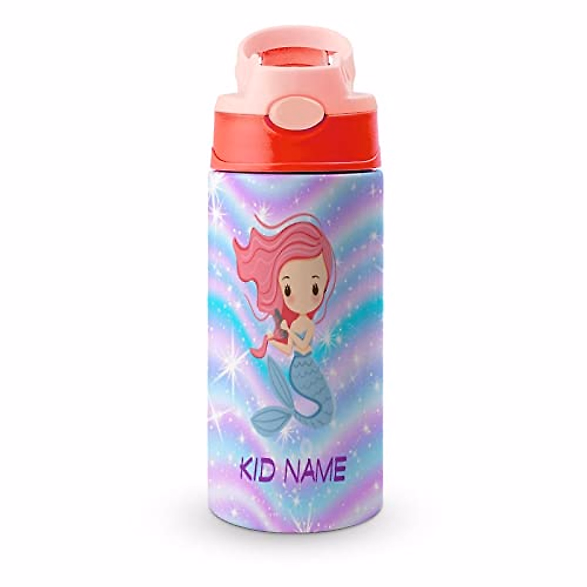Custom Pink Mermaid Kids Water Bottle with Straw Lid Personalized Add Your Text Stainless Steel Sports Water Bottles Customized Reusable Leak-Proof Toddlers Cup for School, Travel