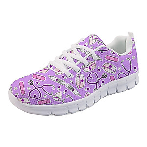 UNICEU Cute Nurse Love Shape Print Lace Up Walking Shoes Breathable Mesh Sneakers Flat Lightweight Sport Shoes for Tennis Running Jogging Hiking Travel, Purple