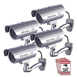 Dummy Security Camera, FITNATE 4 Packs Fake Surveillance Security CCTV Camera System with LED Red Flashing Light for Both Indoor & Outdoor Use + Security Camera Warning Stickers × 4 (Silver)