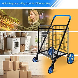 SereneLife Shopping Supermarket Cart with 360 Rolling Swivel Wheels, Collapsible Design, Double Basket Compartment, Heavy Duty Shopping Cart, Utility Cart for Grocery, Laundry, Luggage, Blue: