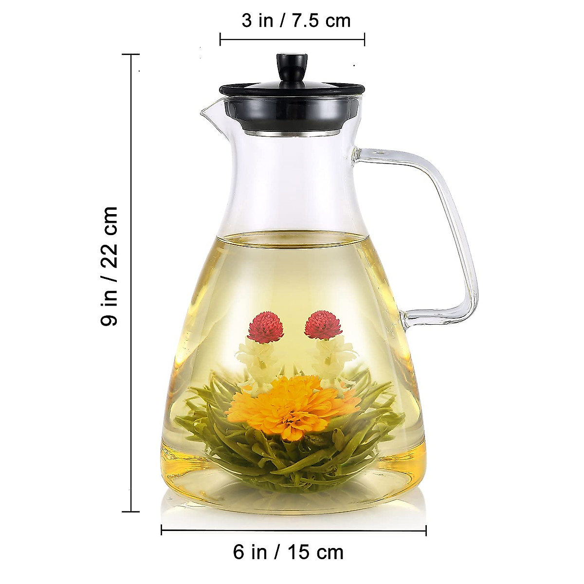 Teabloom Extra-Large Multi-Brew Glass Teapot + Kettle + Pitcher (68 OZ / 2.0 L / 8 CUPS) – For Hot Tea, Iced Tea, Cold Brew Tea and Fruit Infused Water – Volume Markings For Precise Brewing