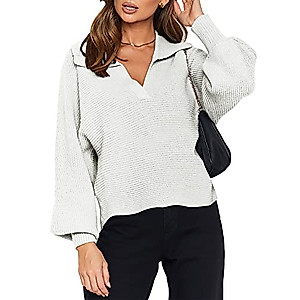 ANRABESS Women Polo V Neck Batwing Long Sleeve Casual Oversized Ribbed Knit Fall Pullover Sweater Top 599bai-L White