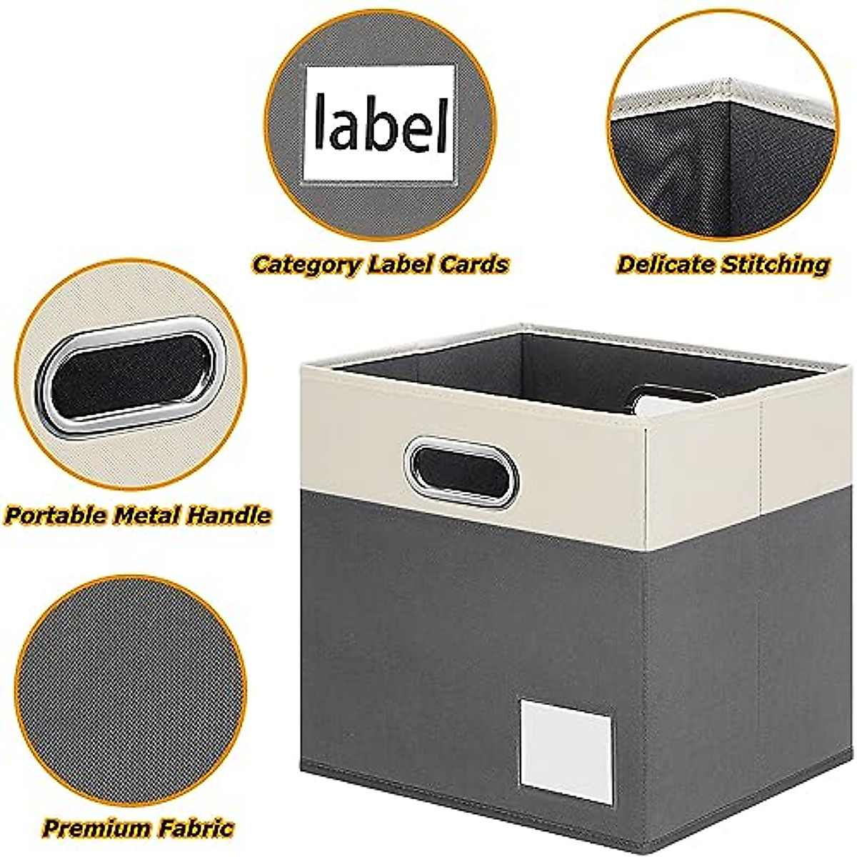 GhvyenntteS 11 Inch Cube Storage Bin, Fabric Storage Cubes with Label Cards, Fabric Storage Bins with Metal Handles, Foldable Cube Storage Organizer Bins for Closet, Home, Office (Grey&White, 4 Pack)