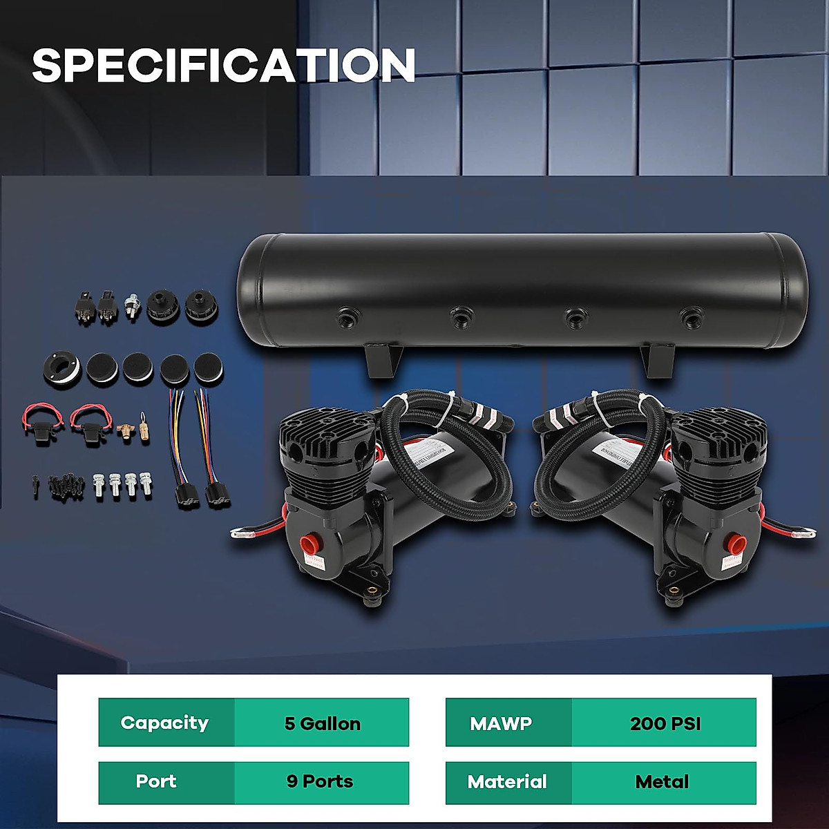 STAYTOP Dual Air Compressors 5 Gallon Air Tank for Air Suspension/Air Ride Bag/Train Horn/Spring, Onboard Air System Kit 200 psi Compressors