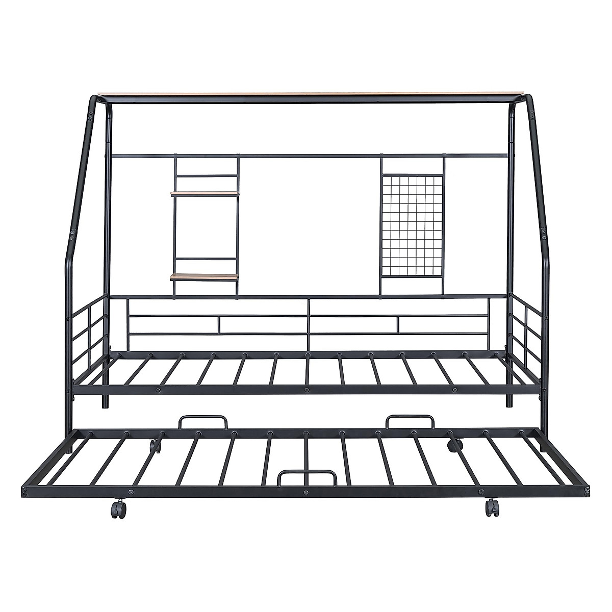 RUNNA Metal House Bed with Trundle, Built-in Shelf and Grid, Heavy Duty Metal Day Bed with Guardrail for Kids Boys Girls (Black, Twin)