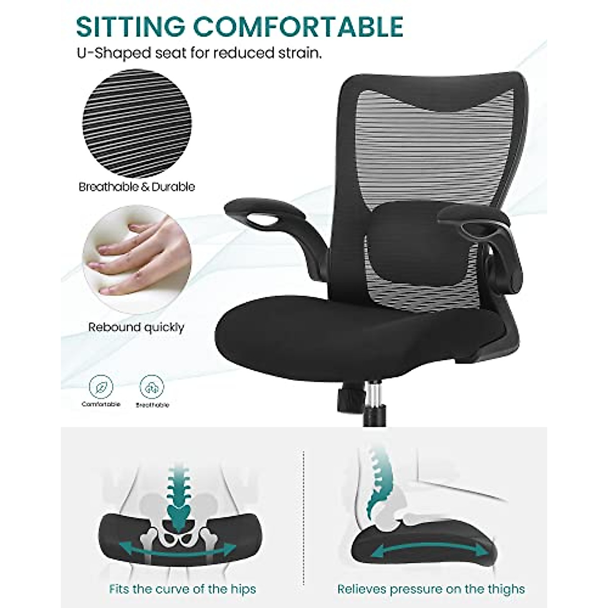 MUXX.STIL Office Chair, Desk Chair with Adjustable Lumbar Support, Ergonomic Task Chair with Breathable Mesh, Swivel Computer Chair with Flip-up Armrest, for Home Office, Black