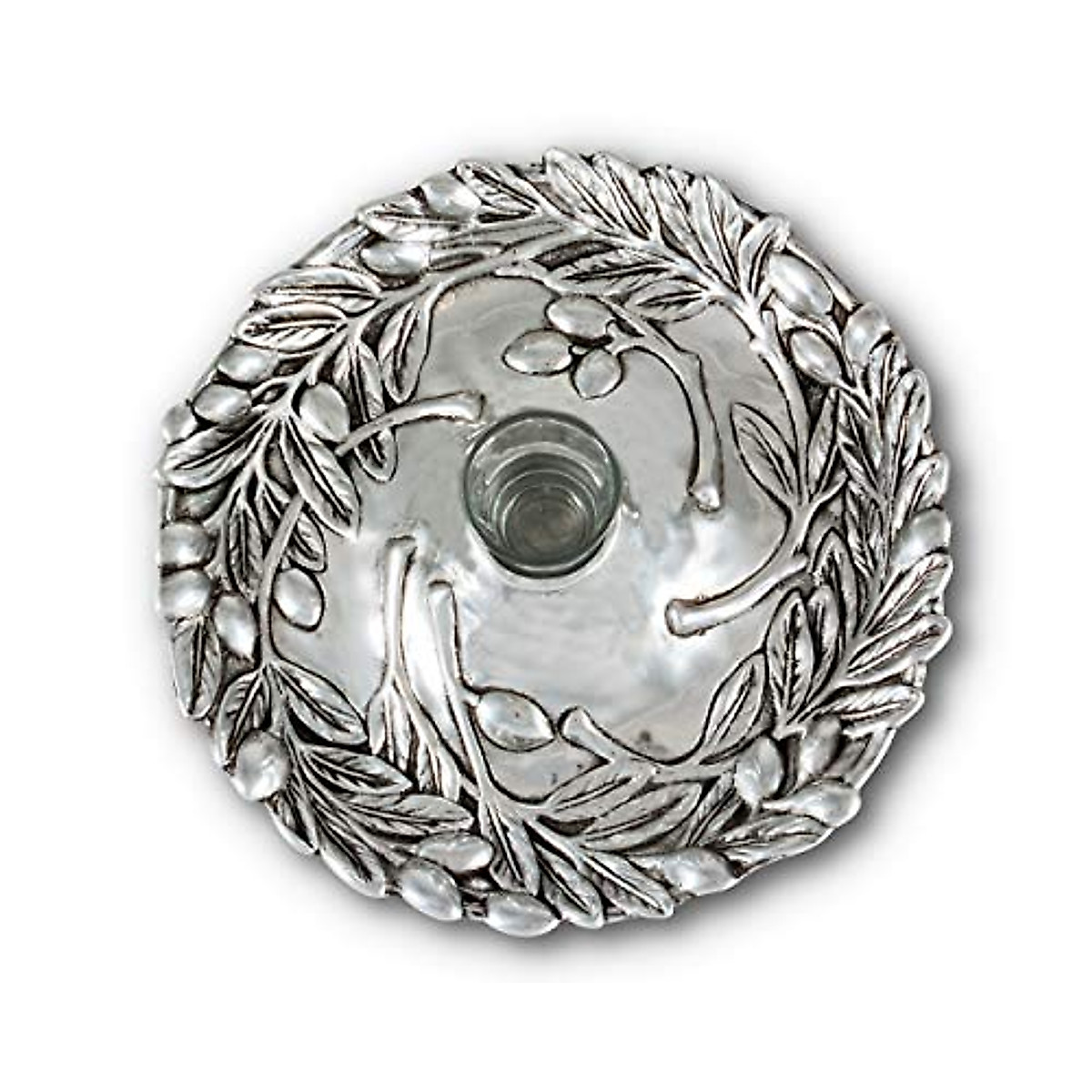 Arthur Court Aluminum Metal Olive Pattern Tidbit Cheese Hors d'oeuvres Tray with Glass for Toothpick - Outdoor Entertaining Platter Plate Aram 10.5 inch Diameter x 2 inch Tall