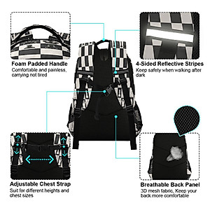 Black White Chess Board School Backpacks with Chest Strap for Teens Boys Girls,Lightweight Student Bookbags 17 Inch, Chess Pieces Casual Daypack Schoolbags