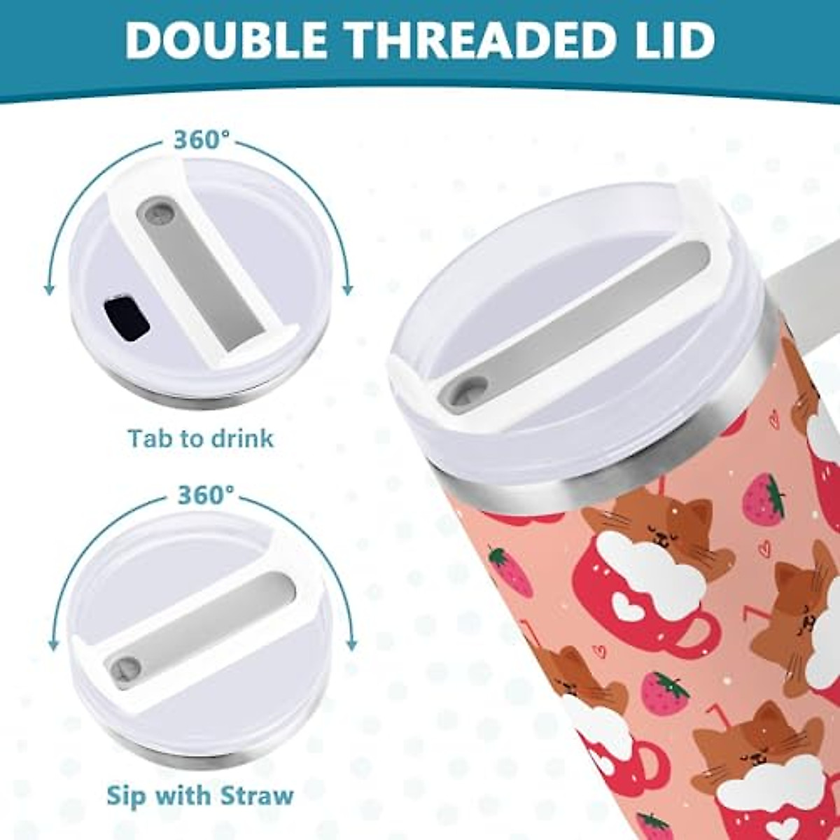ARGTILDN 40 oz Tumbler Cup Cats Strawberry Insulated Travel Mug with Handle and Straw Lid Stainless Steel Vacuum Coffee Cup Tea Beverage Container Water Bottles for Car Sports office