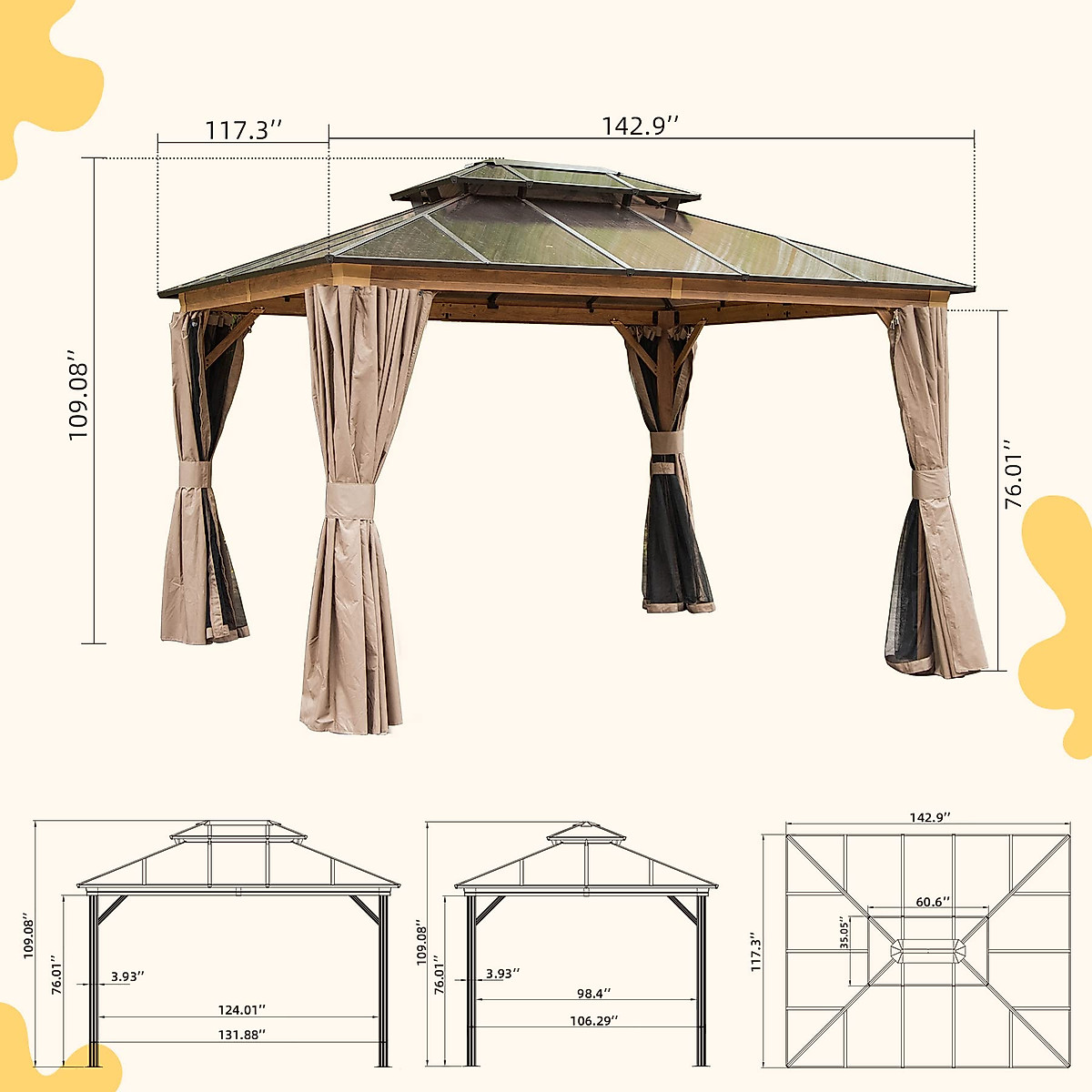 Domi 10' X 12' Hardtop Gazebo, Permanent Outdoor Gazebo with Polycarbonate Double Roof, Aluminum Gazebo Pavilion with Curtain and Net for Garden, Patio, Lawns, Deck, Backyard, Wood Looking