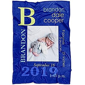 Personalized Baby Photo Newborn Blanket with Birth Information for Girls and Boys. Customized Name Blanket from Baby's Name, BirthDate, Weight. Gift for New Born Baby, New Dad Mom Grandma (Blue)