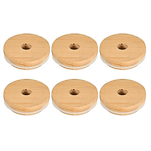 uxcell Mason Jar Lids with Straw Hole, 6pcs - Bamboo Lids with Silicone Ring for Glass Cups 70mm Regular Mouth Leak Proof Fits Storage Jars(Wood Color)