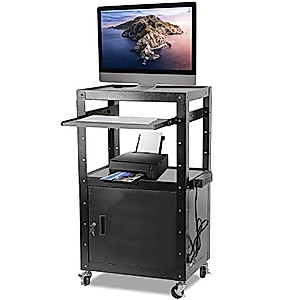 AV Cart, Presentation Cart Station, Height Adjustable Media Cart with Locking Cabinet & Sliding Keyboard Tray, 3 Shelves Rolling Projector Cart on Wheels