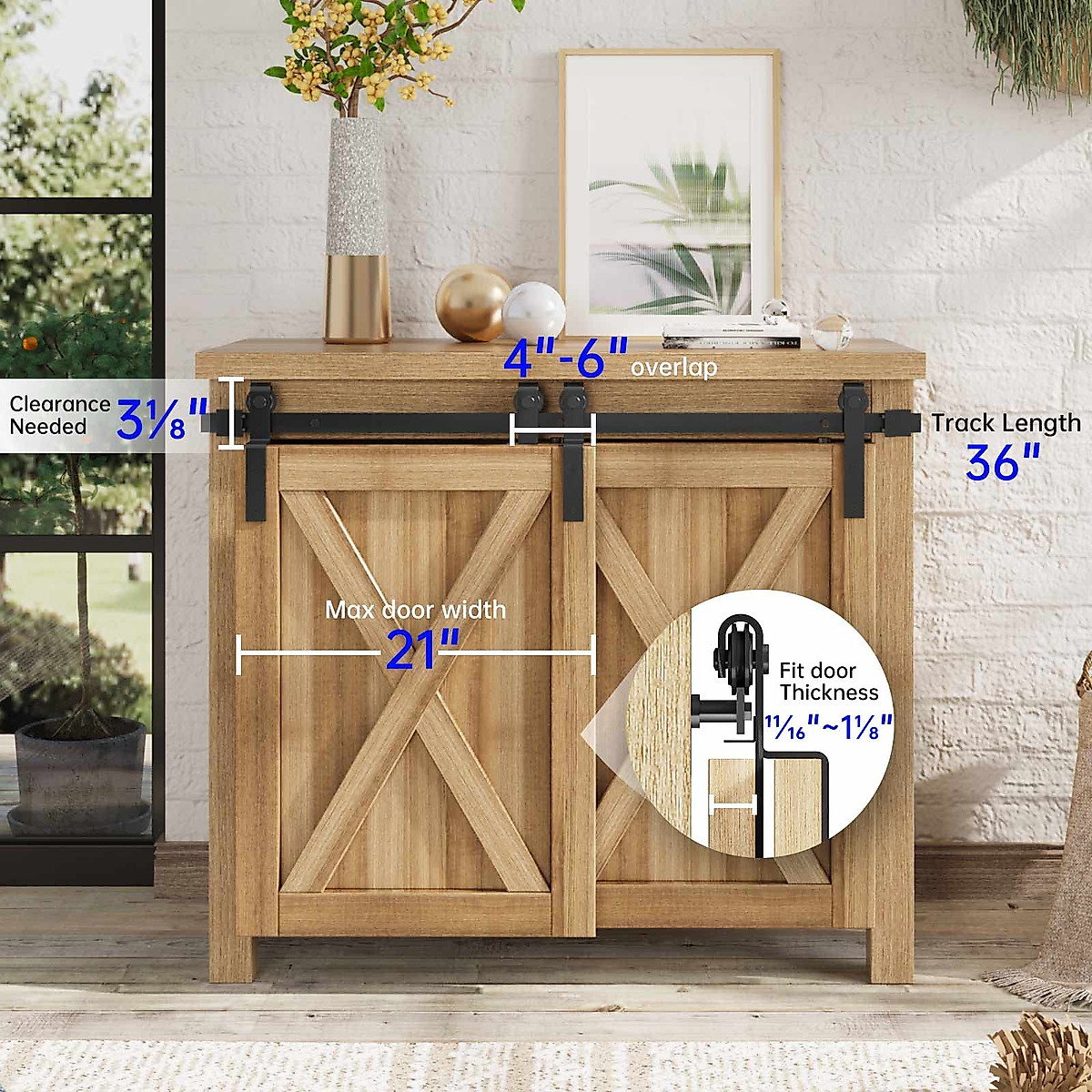 EaseLife 3 FT Mini Cabinet Bypass Double Sliding Barn Door Hardware Track Kit,Easy Install,Slide Smoothly Quietly,Apply for Storage Window TV Stand and Other Shielding (No Cabinet)