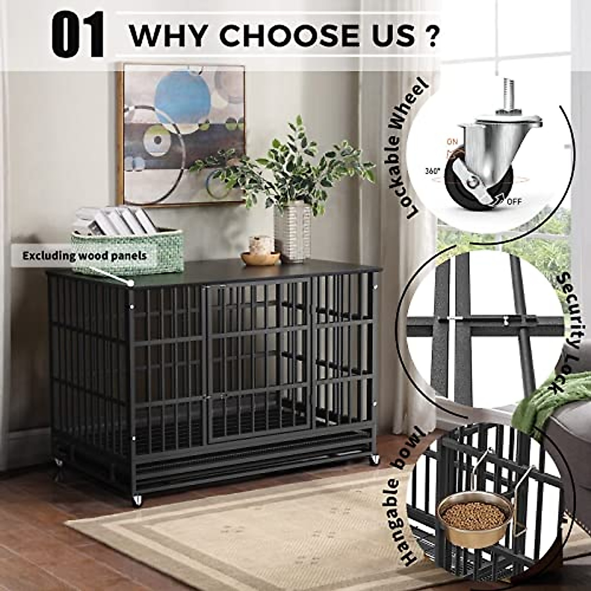 ITORI 48 inch XXL Heavy Duty Indestructible Dog Crate, Dog Cage Kennel Crate and Playpen for Training Large Dog Indoor Outdoor with Double Doors & Locks Design Included Lockable Wheels Removable Tray