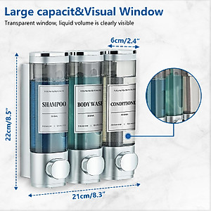 FENGBIAO Shampoo and Conditioner Dispenser,Shower Dispenser 3 Chamber No Drill-Shower Soap Dispenser Wall Mounted for Shampoo Conditioner Body Wash Dispenser for Bathroom Hotel Large Capacity,Silver