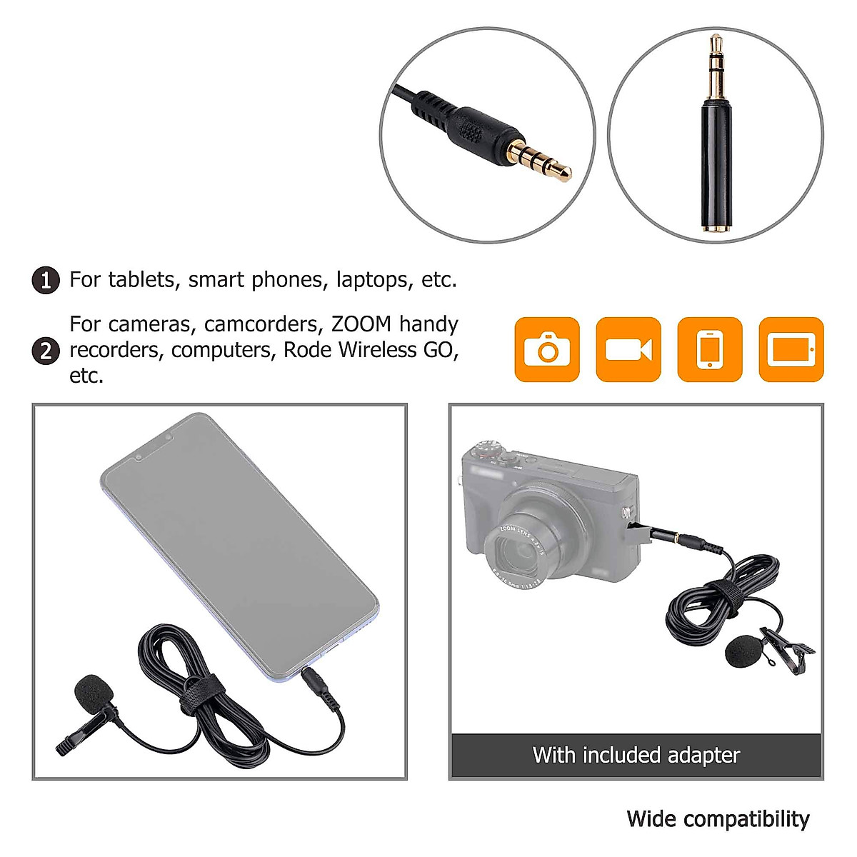 Lapel Lavalier Microphone Clip-on Lav Mic for Sony A7C II ZV-1 II ZV1 ZV-1F RX100 VII A6700 A6600 A6300 A6100 A7IV A7 III II A7S Canon G7X III M50 R50 R100 R RP Nikon Z6 Z7 II Z30 Z50 & More Cameras