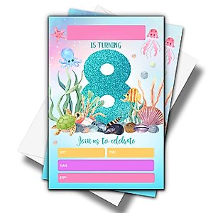 Under the Sea 8th Birthday Party Invitations With Envelopes(4" x 6")- 20 Pack - Ocean Animals Birthday Party Invites-c23