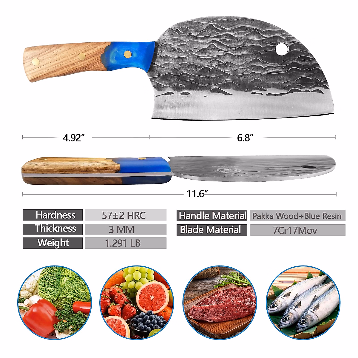 ZENG JIA DAO Forged Serbian Chefs Knife, 7'' Cleaver Knife HC Steel Butcher Knife Ergonomic Pakka Wood Blue Resin Handle for Kitchen/Restaurant/Slaughter House 2024 Gift