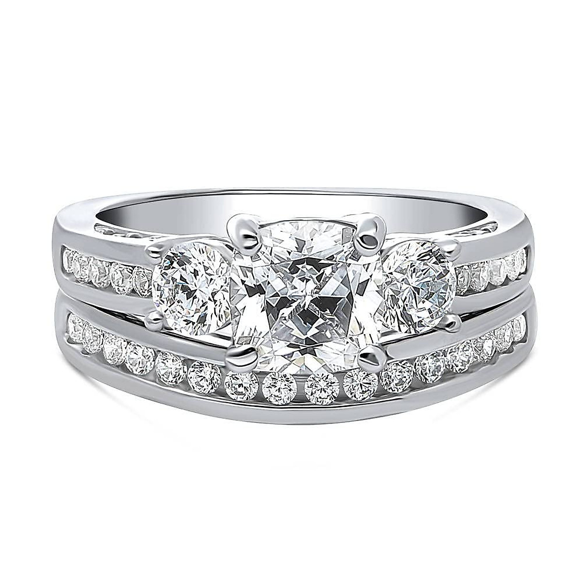 BERRICLE Sterling Silver 3-Stone Wedding Engagement Rings Cushion Cut Cubic Zirconia CZ Ring Set for Women, Rhodium Plated Size 7