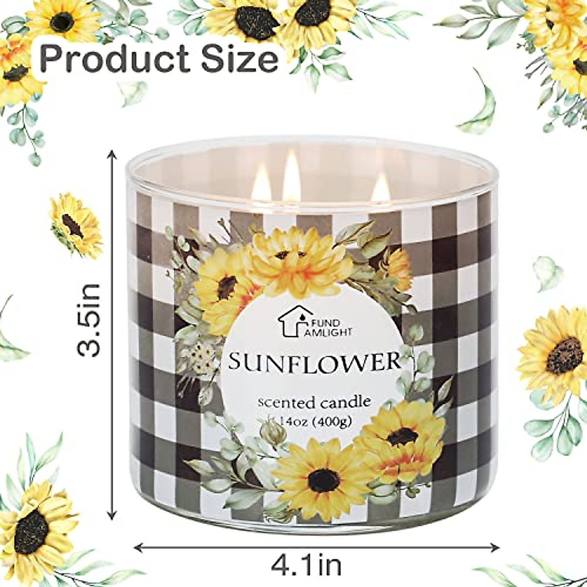 Sunflower Candle Sunflower Scented Candle 3 Wicks Large Candle, 14 oz