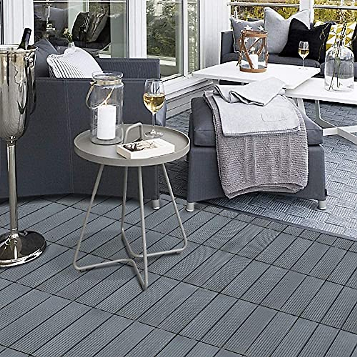 JP Outdoor 9 Pcs PE Interlocking Patio Deck Tiles, 12 x 12in 4-Slats Straight Pattern Grey Floor Covering for Patio Shower Garden Balcony