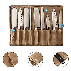 Chef Knife Roll Bag, 9 Pockets Canvas Knife Case, Knife Bag, Knife Wrap Wallet, Cutlery Knife Pouch Holders Protectors for Chef Knives Kitchen Utensils, Tool Roll (Brown)