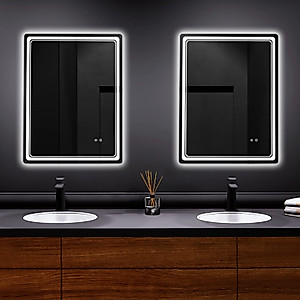 HOMECOOKIN Wall Mount 20x28 inches LED Mirror, Bathroom, Rectangular, Aluminum, Modern, Anti-Fog, Adjustable 3 Colors, Backlit