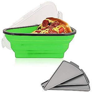 ASELUX Pizza Storage Container Collapsible - 5 Pcs Heating Tray Pizza Knife, Shovel Pizza Slice Set Organizing, Pizza Plates, Silicone Pizza Box (Green)