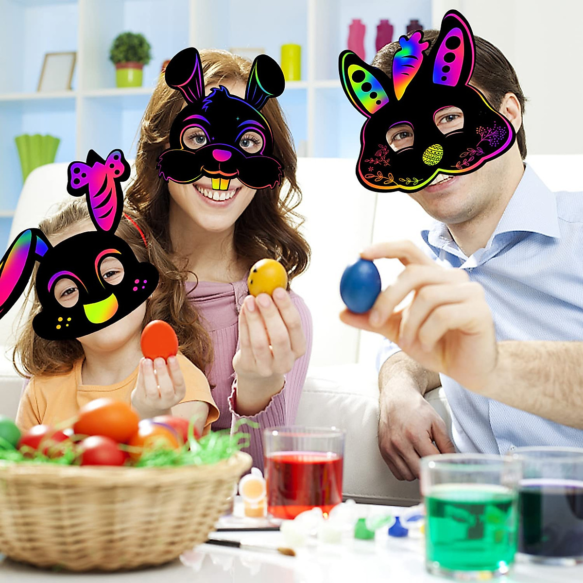 Easter Mask Craft Kit, 54 Pcs Scratch Art for Kids, Kids Magic Rabbit Masks, Scratch Paper Animal Masks with 18 Wood Stylus, DIY Rainbow Scratch Art Masks for Halloween, Animal Birthday Party