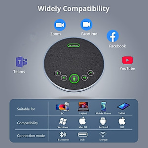 TONGVEO Bluetooth Speakerphone Conference Microphones, Wireless Conference Speaker 360°Voice Pick up with 4 AI Noise Cancellation Mics USB/Dongle/Bluetooth Connection 8 Hour Call Time for 8-12 People