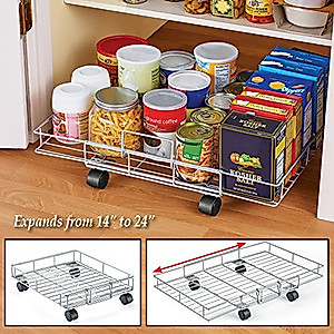 Collections Etc Flat Rolling Floor Shelf Metal Storage Cart - Expandable to 24" W - Slim Cart Holds Up to 22 Lbs. on 4 Caster Style Wheels, Fits Under Beds, Desks or Shelving