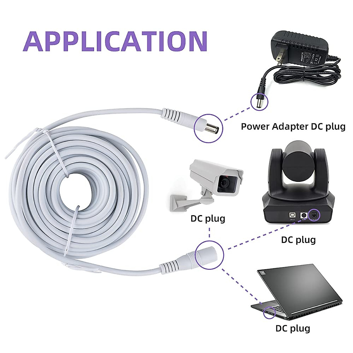 Power Extension 60ft Cable5.5mm x 2.1mm 12 Volt Male to Female Plug Cord for CCTV IP Security Cameras DVRs and More Devices White