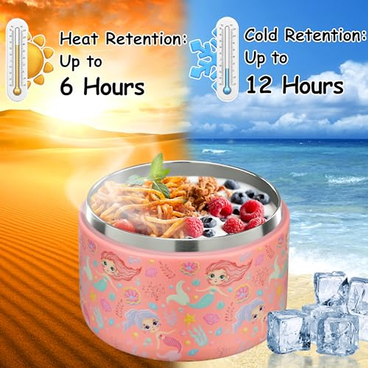 Pawtong 12oz Insulated Vacuum Food Jar with Buckle Lid Wide Mouth Soup Thermo for Hot Food Kids Leakproof Stainless Steel Lunch Container (Pink-Mermaid)