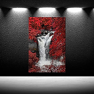 iKNOW FOTO Red Waterfall Canvas Wall Art Decor Vertical Decorative Prints Forest Landscape Picture for Living Room Kitchen Bedroom Office Home Decor Gift 24x36
