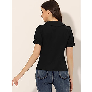 Allegra K Women's Vintage Peter Pan Collar Tie Neck Casual Cute Cotton Button-Up Shirt X-Large Black