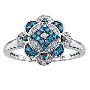 PalmBeach Platinum-plated Sterling Silver Round Genuine Blue and White Diamond Floral Ring (1/5 cttw, I Color, I3 Clarity) Sizes 6-10 Size 6