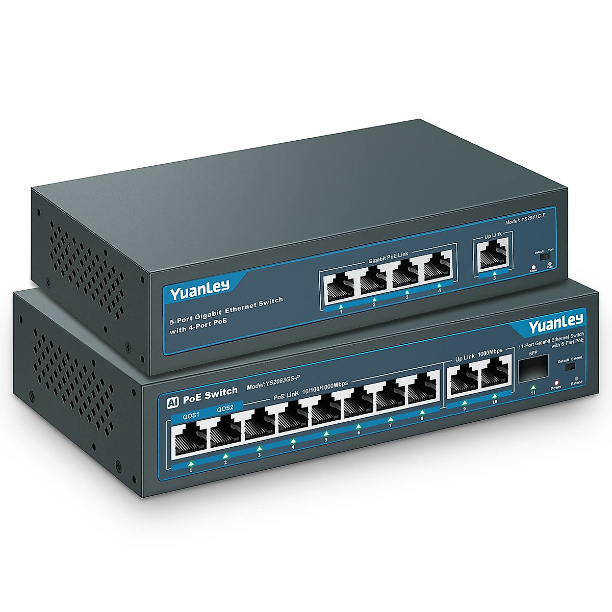 YuanLey 5 Port + 11 Port Gigabit PoE Switch, 78W/120W Built-in Power 802.3af/at, Metal Fanless Unmanaged Plug and Play Power Over Ethernet Switch