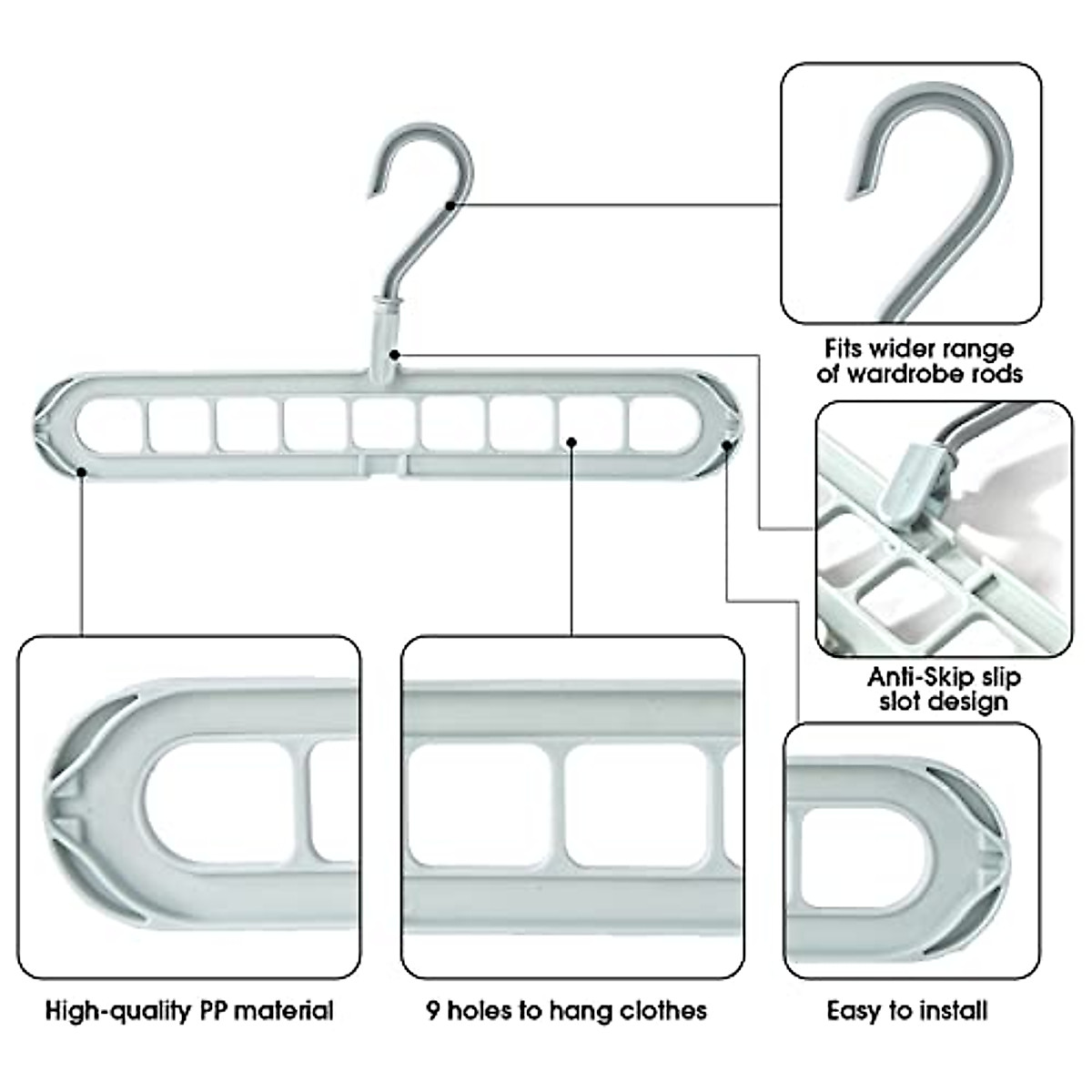 Closet Organizers and Storage Space Saving Hangers with 9 Holes of 6 Pack for Closet Organizer,Dorm Room Essentials,Closet Storage,Smart Closet Organization,Magic Space Saving Hanger (Blue)