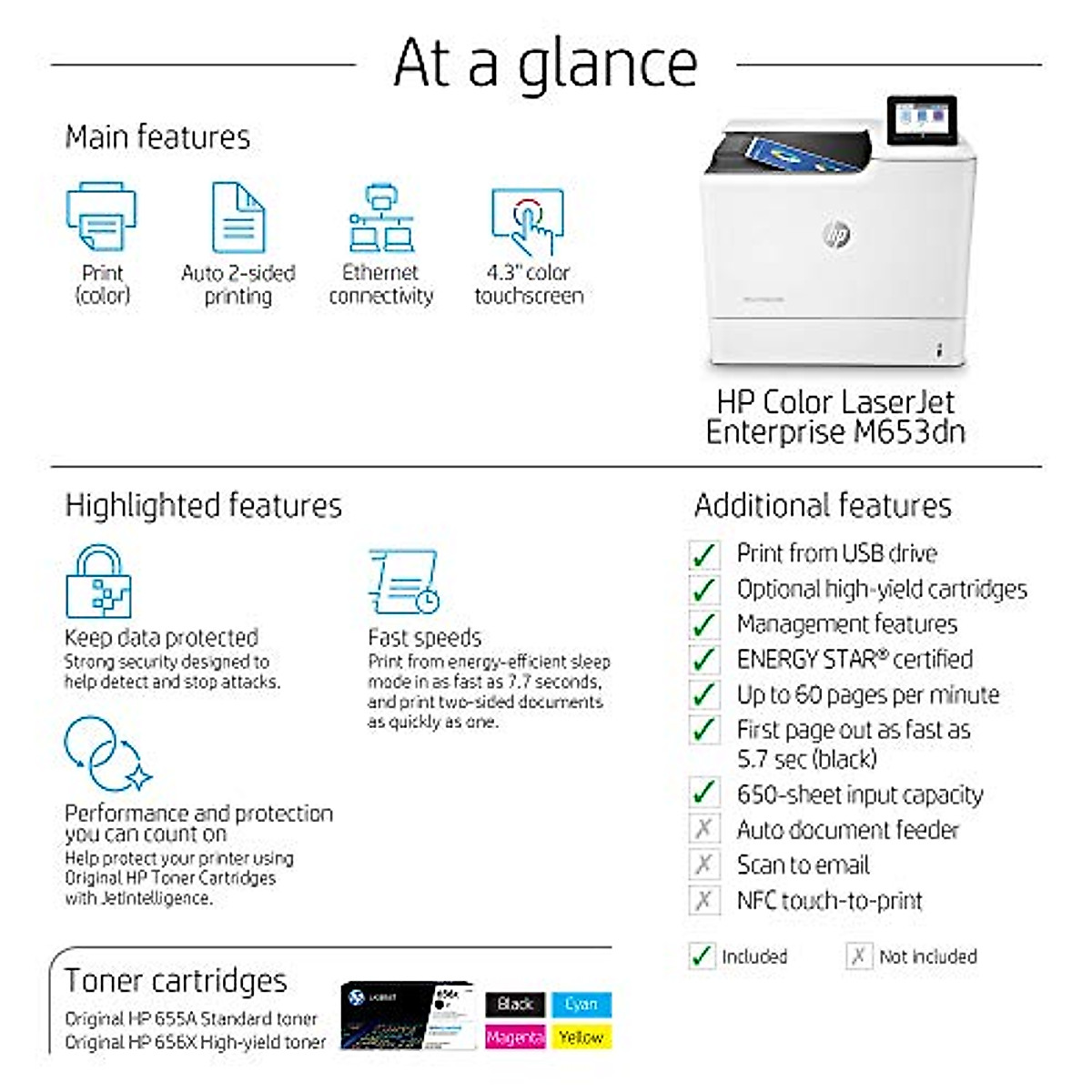 HP Color LaserJet Enterprise M653dn Printer with Duplex Printing (J8A04A)