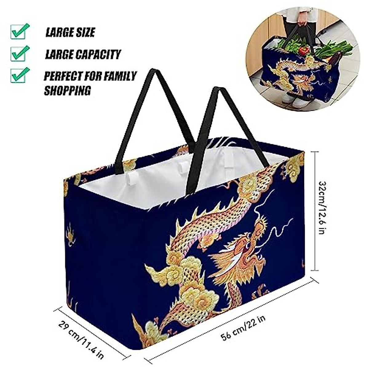 KQNZT Reusable Grocery Bags, Large Foldable Reusable Shopping Tote Bags Bulk for Groceries, Waterproof Kitchen Cloth Produce Bags with Long Handles, Traditional Art Dragon