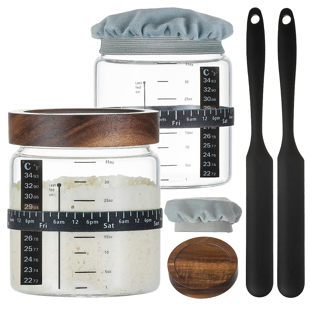 Wissy&Konny Sourdough Starter Jar 2Pack 35OZ with Ounce Scale Line,Date Marked Feeding Band, Thermometer, Sourdough Jar Scraper, Cloth Cover & Wood Lid, Wide Mouth for Sourdough Bread Baking
