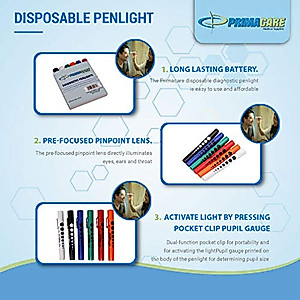 Primacare DL-9224 Pack of 6 Disposable Diagnostic Penlight with Imprinted Pupil Gauge, Lightweight and Moulded Plastic Body Medical Pen Light for Nurse, Student, Doctors EMT, Multicolor