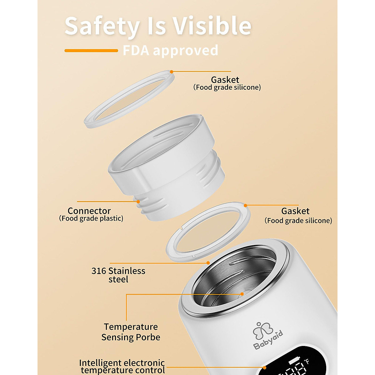 Babyaid Portable Bottle Warmer, Fast Heating Bottle Warmer with 4 Adapters, 4 Gears Temperature Smart Control Bottle Warmer, Cordless Trval Baby Bottle Warmer for Breastmilk or Formula, Pearl White