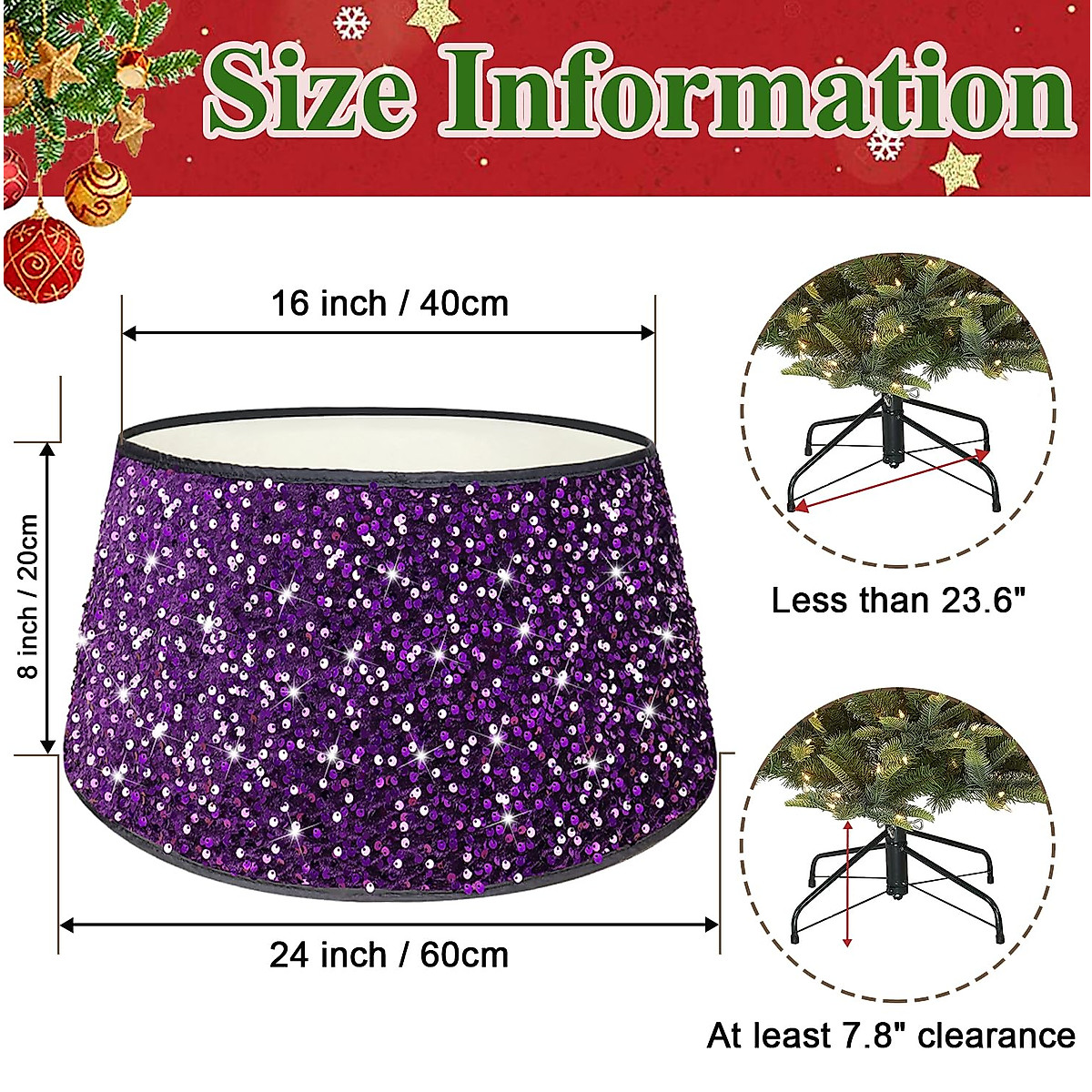 MODFUNS Christmas Tree Collars Purple Sequin Xmas Tree Ring 24 Inch Velvet Sparkling Christmas Tree Base Glitter Tree Skirts for Xmas Trees Shiny Tree Collar Cover for Christmas Party Home Decoration