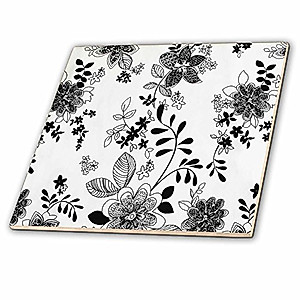 3dRose ct_11074_1 Black and White Floral Ceramic Tile, 4"