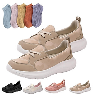 LELEBEAR Onecomfy Orthopedic Shoes for Women, Slip on Arch Support Walking Shoes Comes with 5 Pairs Breathable Cotton Socks (Khaki, 8)