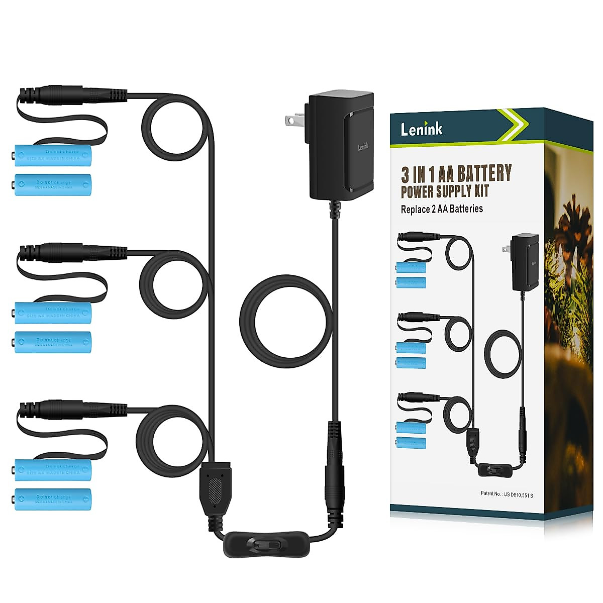 Lenink 1 to 3 AC Power Supply Adapter Kit with On/Off Switch, Battery Replacement for AA Battery (Black)