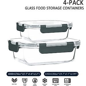 M MCIRCO [80 oz & 36 oz] Extra Large Glass Food Storage/Baking Containers Set with Lids, 2 Pack 80 oz(10 cup)&2 Pack 36 oz (4.5 cup) Airtight Glass Container,Microwave,Oven,Freezer and Dishwasher