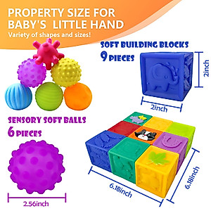 ROHSCE Baby Building Toys & Sensory Toys Set: 9 Building Blocks, 4 Textured Sensory Balls - Soft Colorful Baby Teething & Bath Toys, Stacking Blocks Toys, Educational Toys